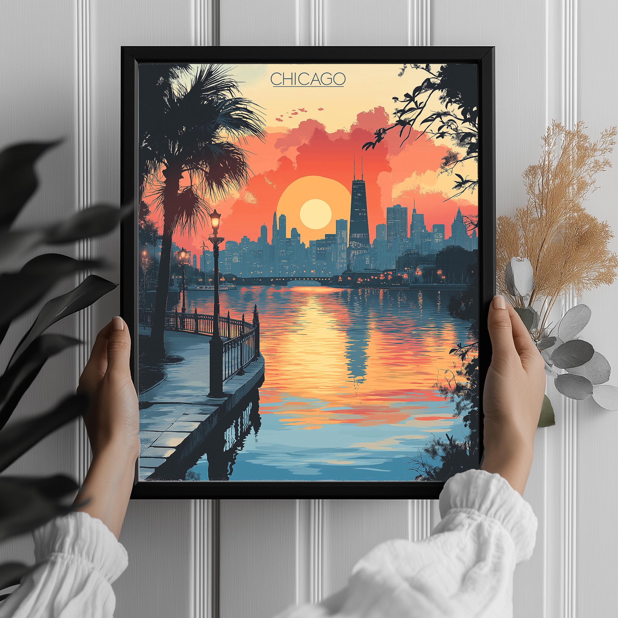 Chicago Sunset Skyline Digital Art Print – High Resolution Wall Art ...