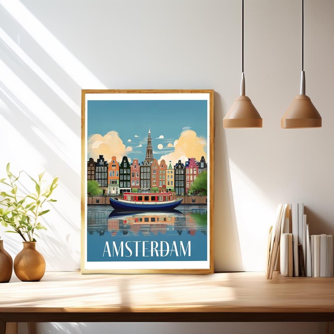 Vintage Amsterdam Travel Poster Colorful Canal Houses Print Digital ...