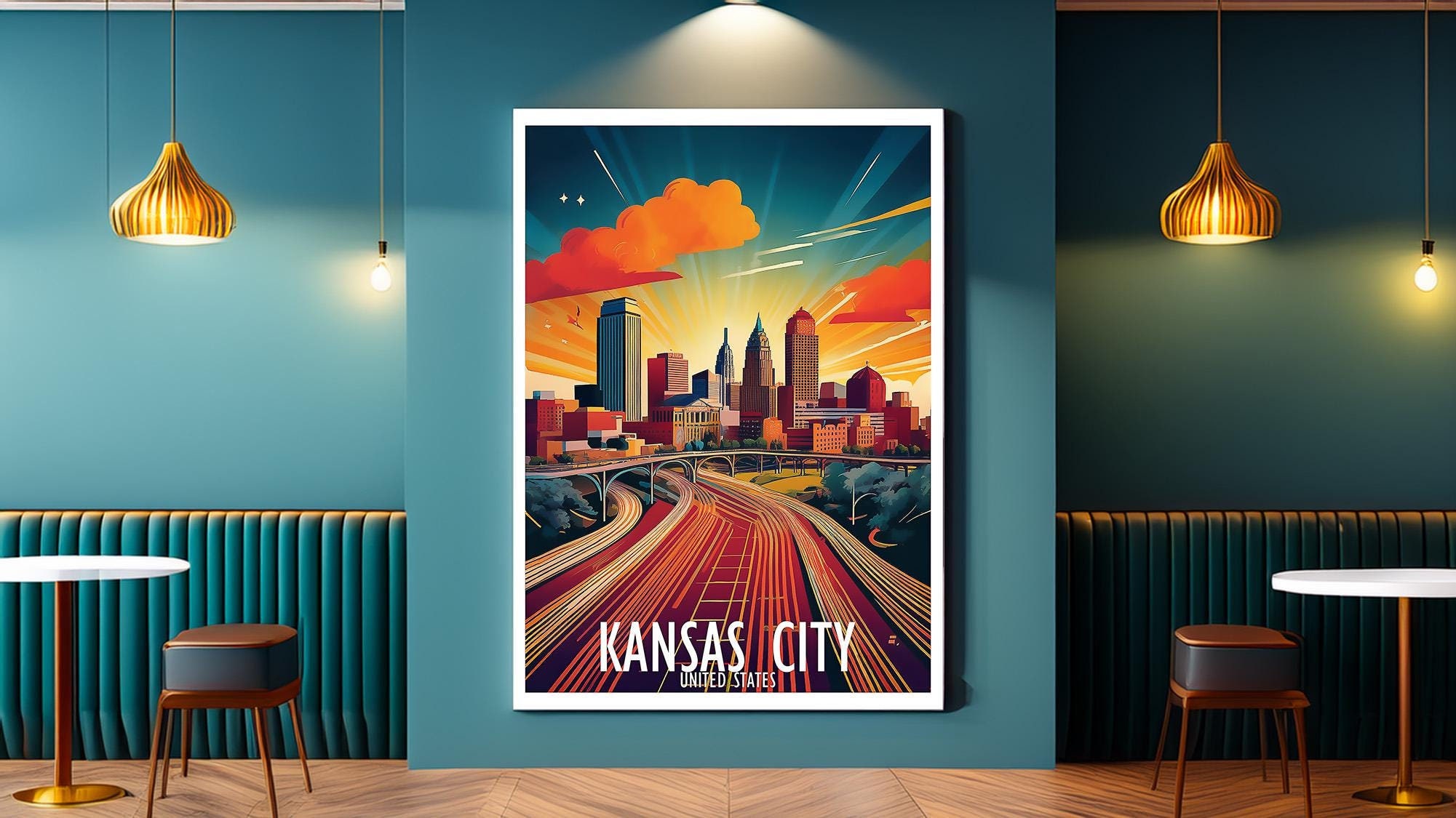 Kansas City Skyline Art Print - Vibrant Retro Poster - 50x70 Cm - City ...