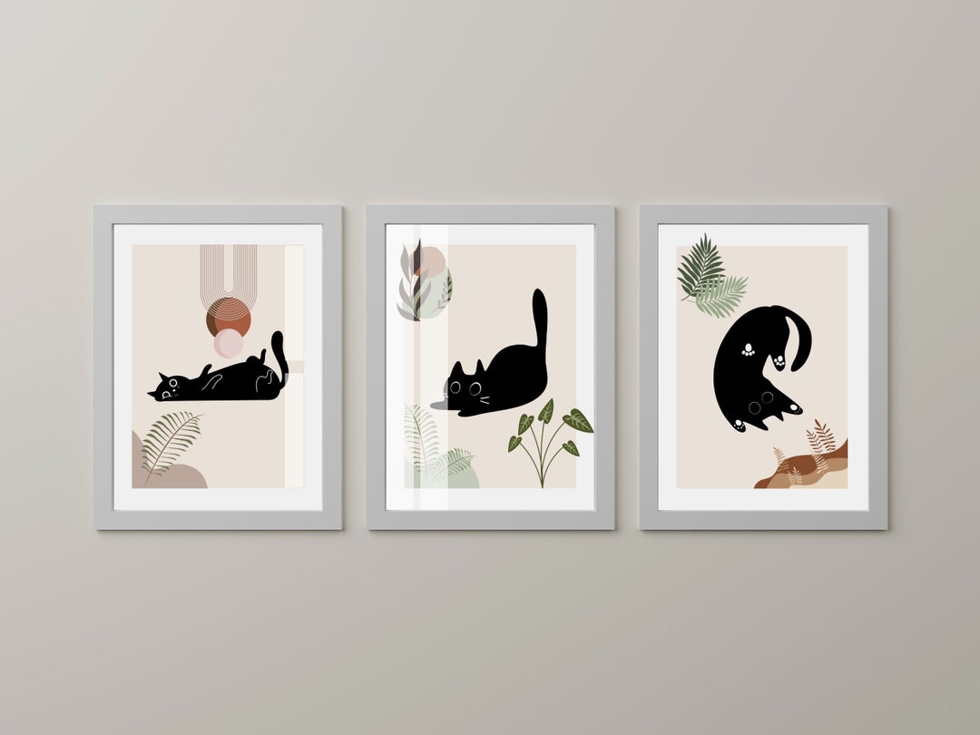 Set of 3 Cat Print, Boho Cat Wall Art, Printable Cat Art for Nursey ...