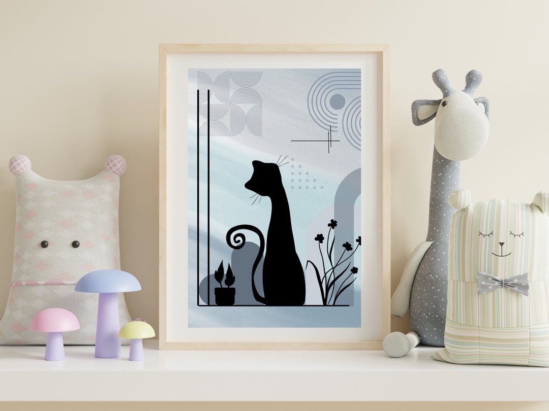Navy Blue Cat Wall Art, Boho Style Black Cat Print, Light Blue Abstract ...