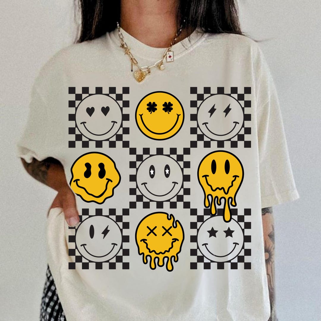 Trendy Checkered Smile Face Png, Drippy Smile Face Sublimation Design ...