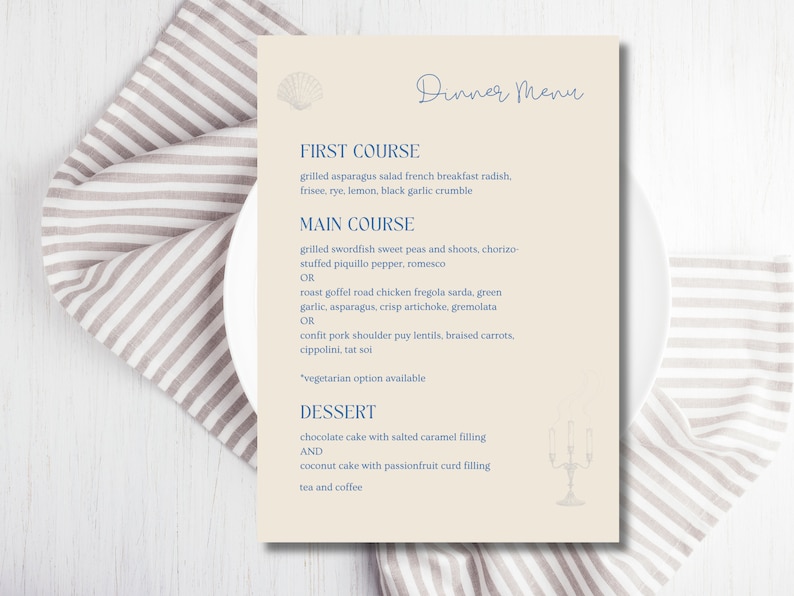 Nautical Blue Dinner Menu | Digital Wedding Template - Etsy