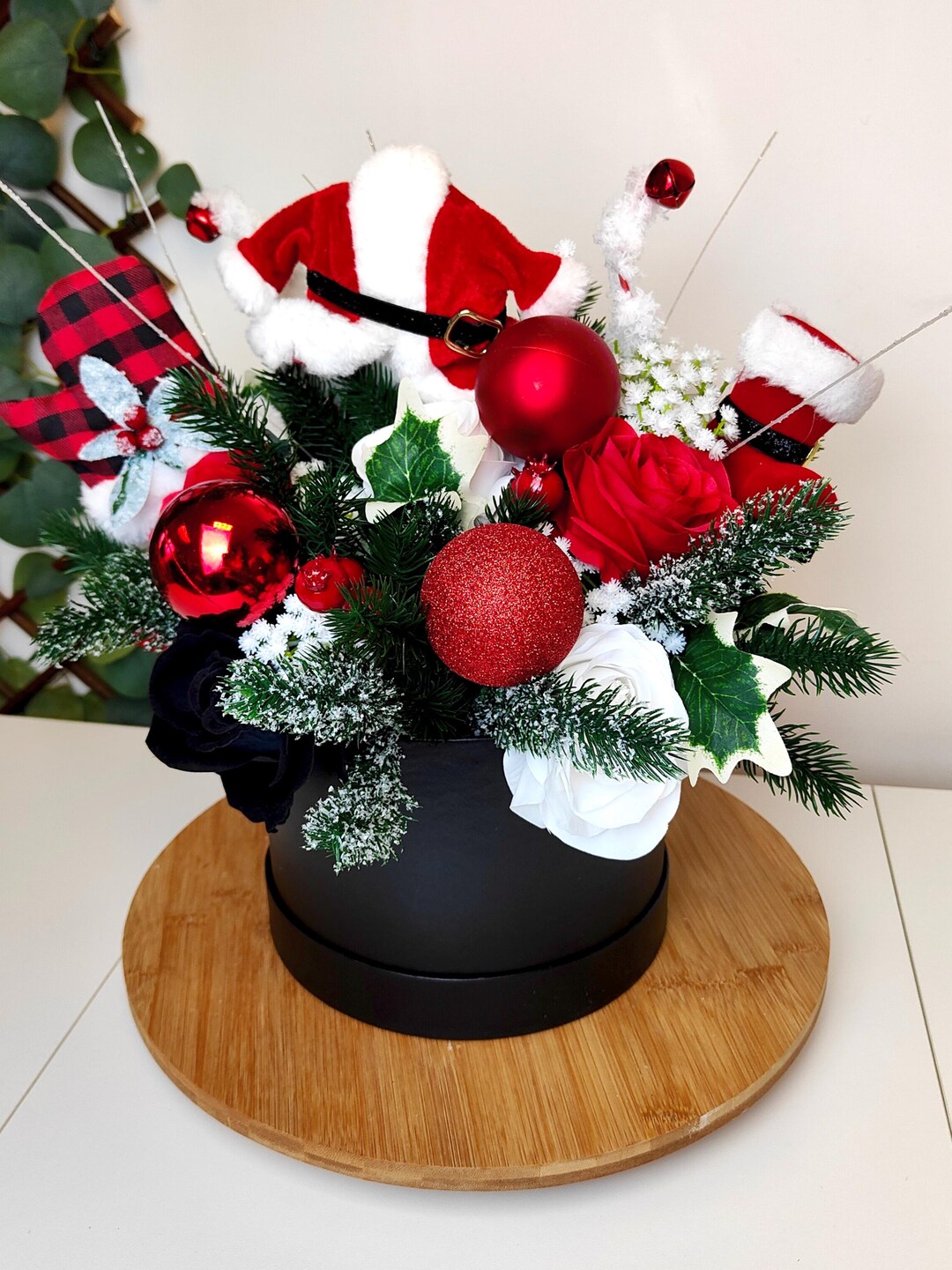 Farther Christmas Santa Hat Box Flower Arrangement – Christmas ...