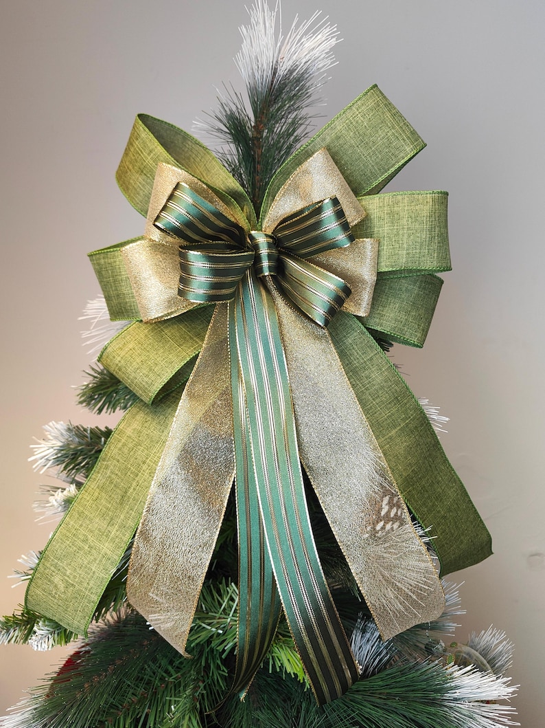Sage Green Gold Christmas Tree Topper Bow Holiday Wreath Bows Lantern ...