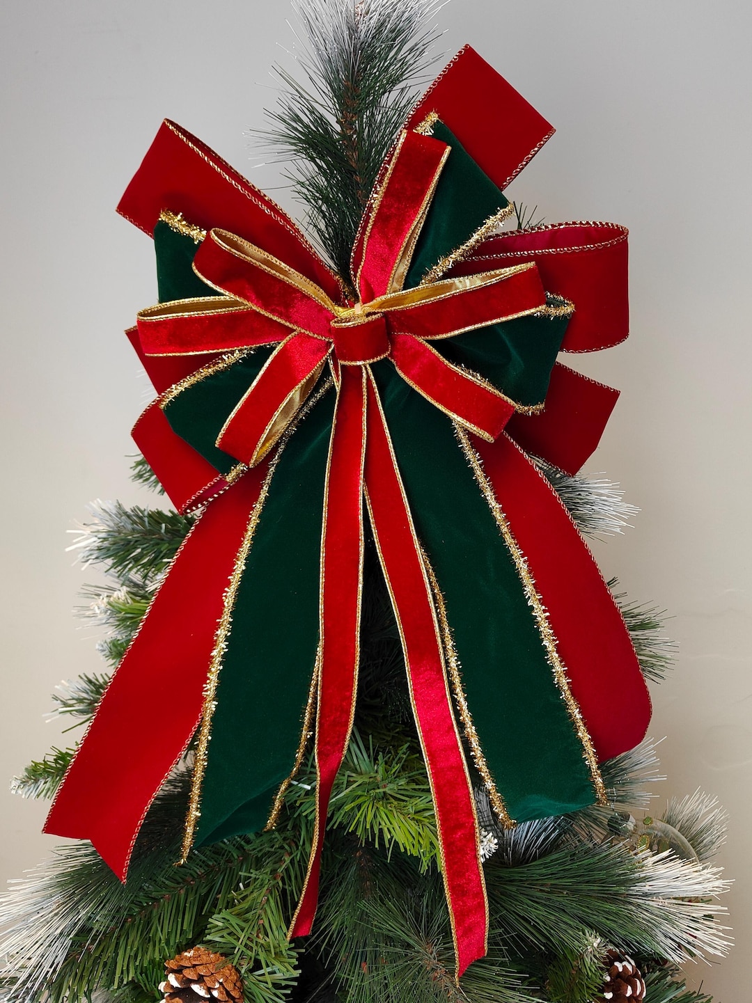 Red Green Gold Velvet Bow Wreath Christmas Tree Topper Bow Lantern ...