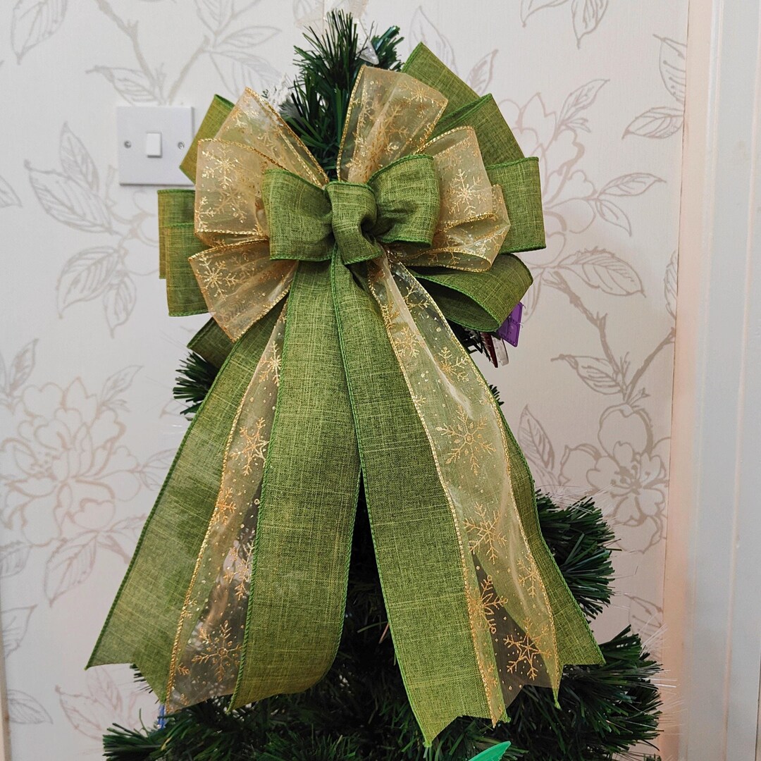 Sage Green Gold Christmas Tree Topper Snowflake Bow Holiday Wreath Bows ...