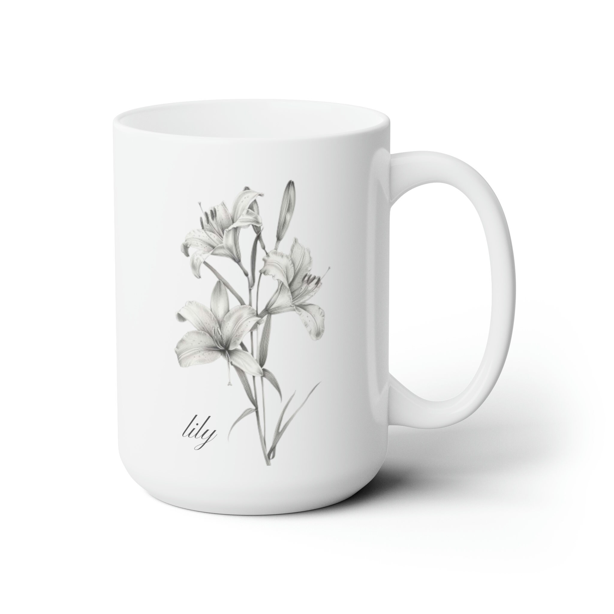 Floral Mug Lily Mug Elegant White 15oz Mug With Floral Lily Sketch ...
