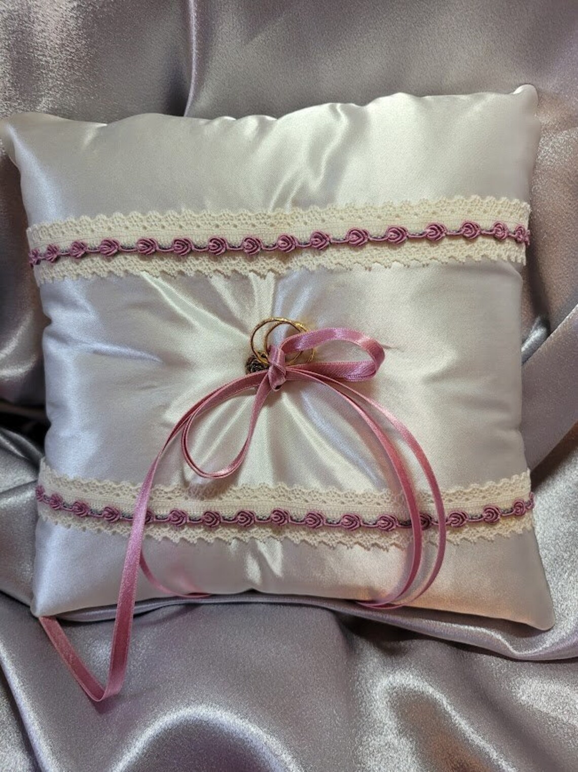 Ecru Satin Ring Bearer Pillow | Wedding Keepsake With Lace Trim, Roses ...
