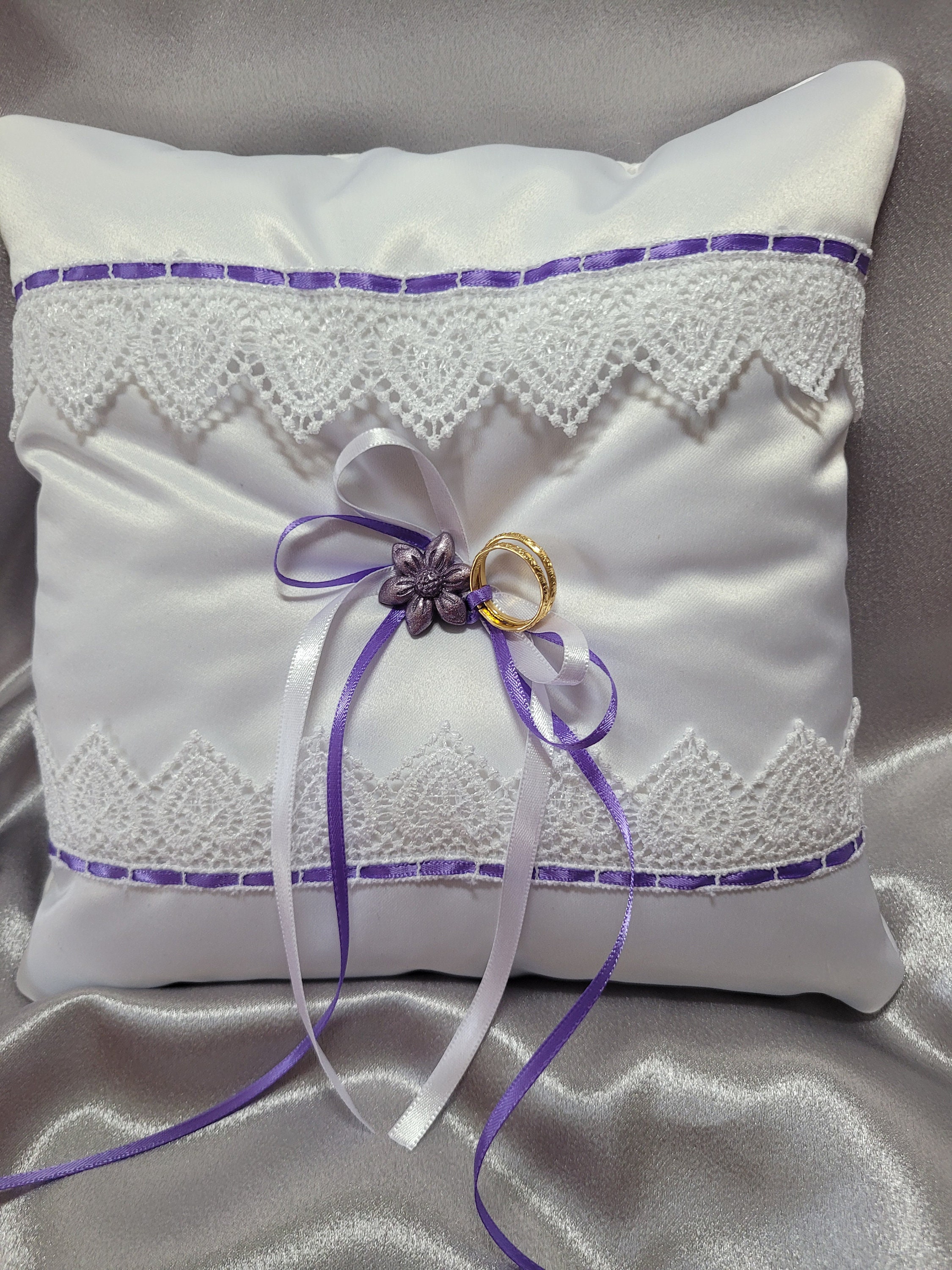 Wedding Ring Bearer Pillow With White and Purple Ribbon and Lace ...