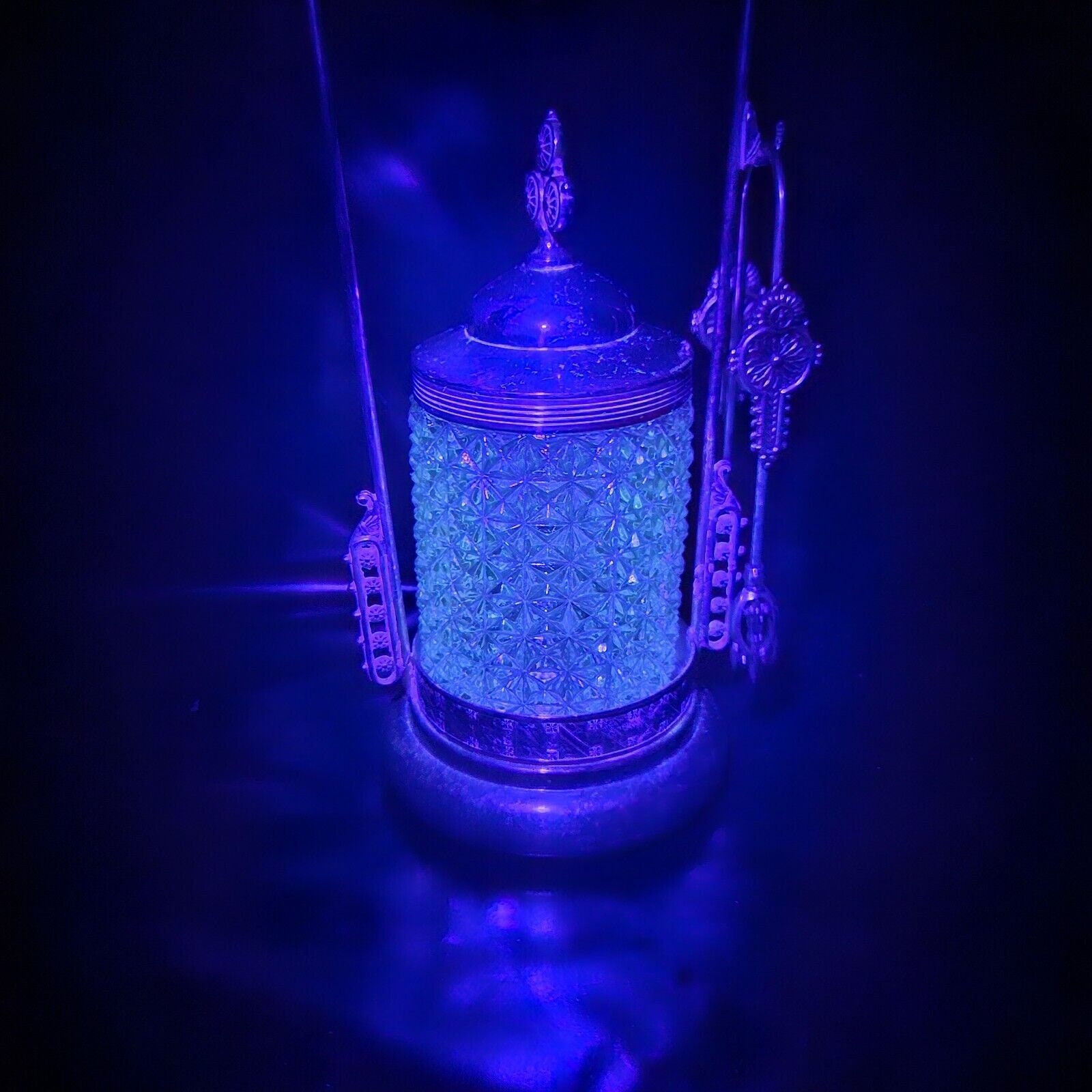 Antique Uv Reactive Glass Pickle Castor Triple Silverplate W/tongs - Etsy