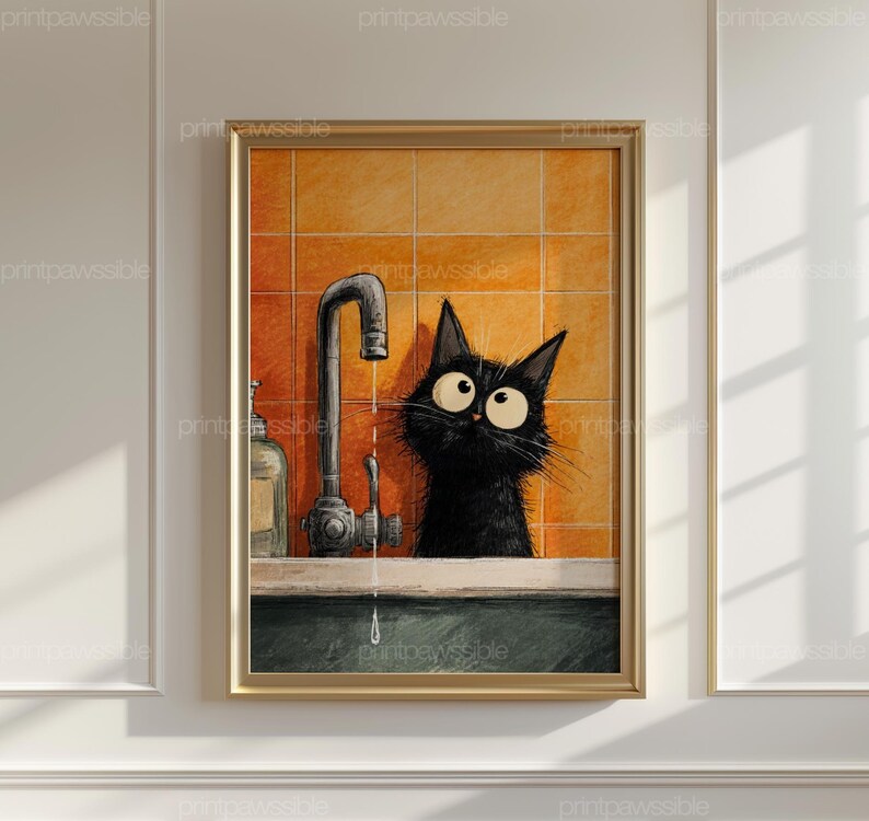Curious Cat Faucet Art Print, Whimsical Bathroom Illustration, Black ...