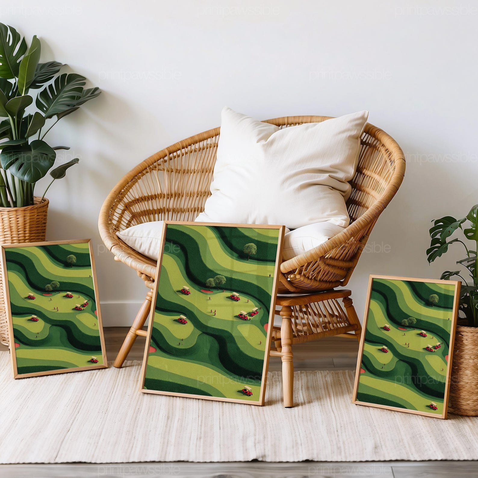 Putting Green Wall Art, Tiny Golfers Abstract Print, Red Cart Golf ...