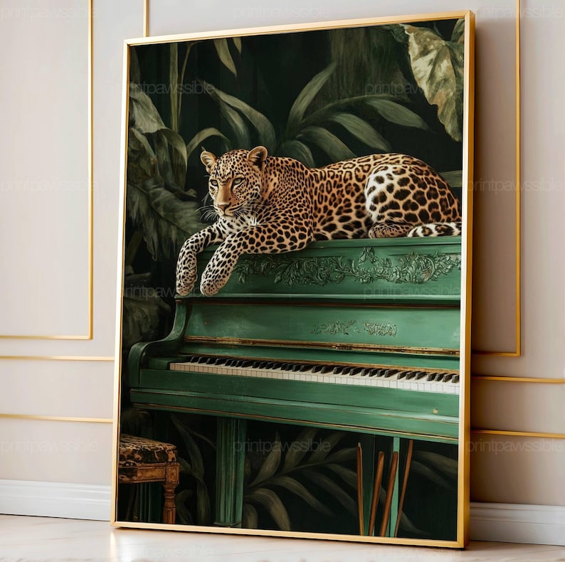 Leopard on Piano Wall Art Green Animal Print Maximalist Poster Elegant ...