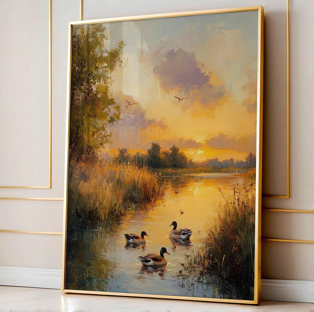 Resting Ducks by Pond Digital Download, Rustic Landscape Duck Painting ...