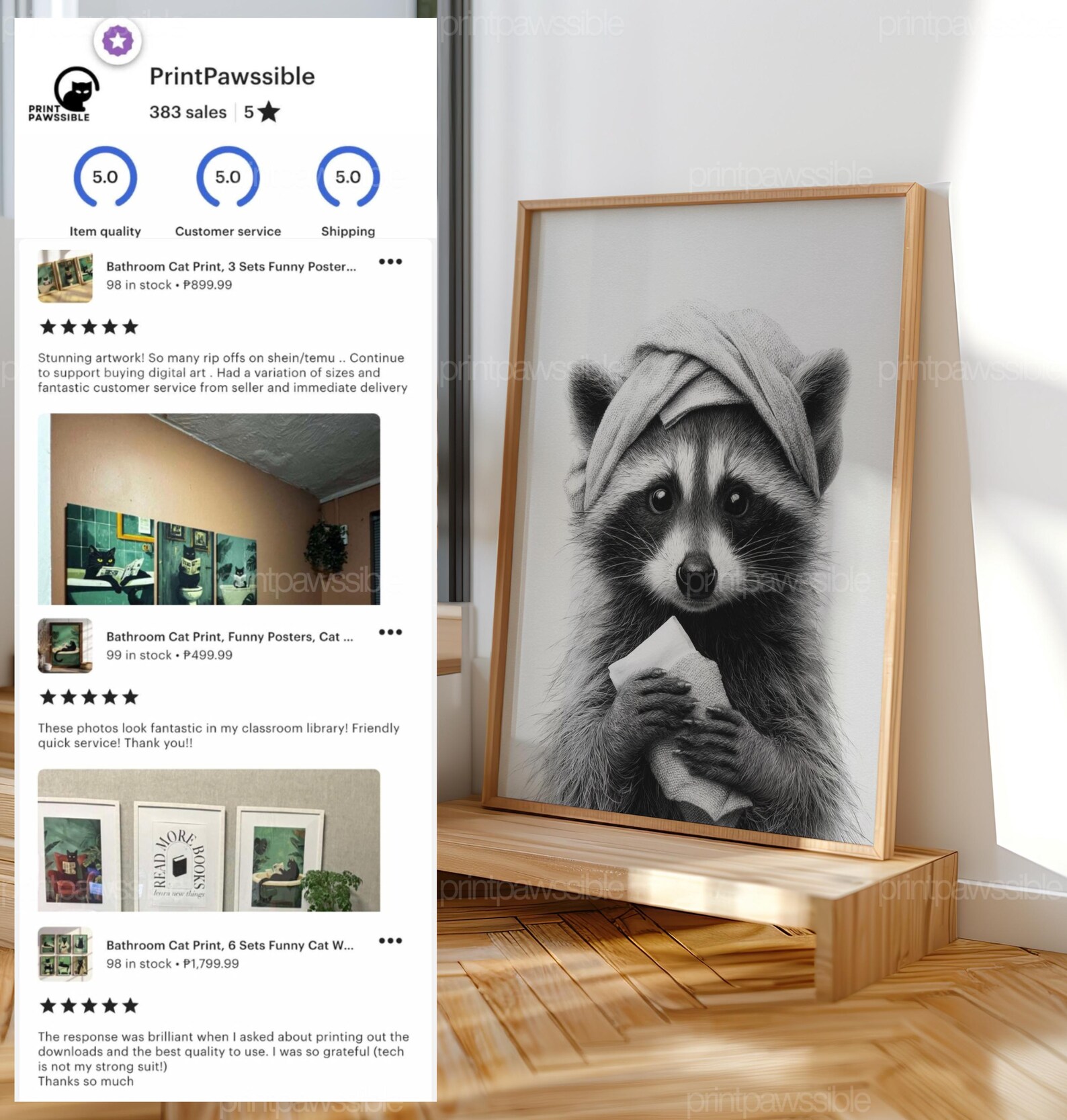 Shower Cap Raccoon Art Print, Funny Bathroom Wall Decor in Black and ...