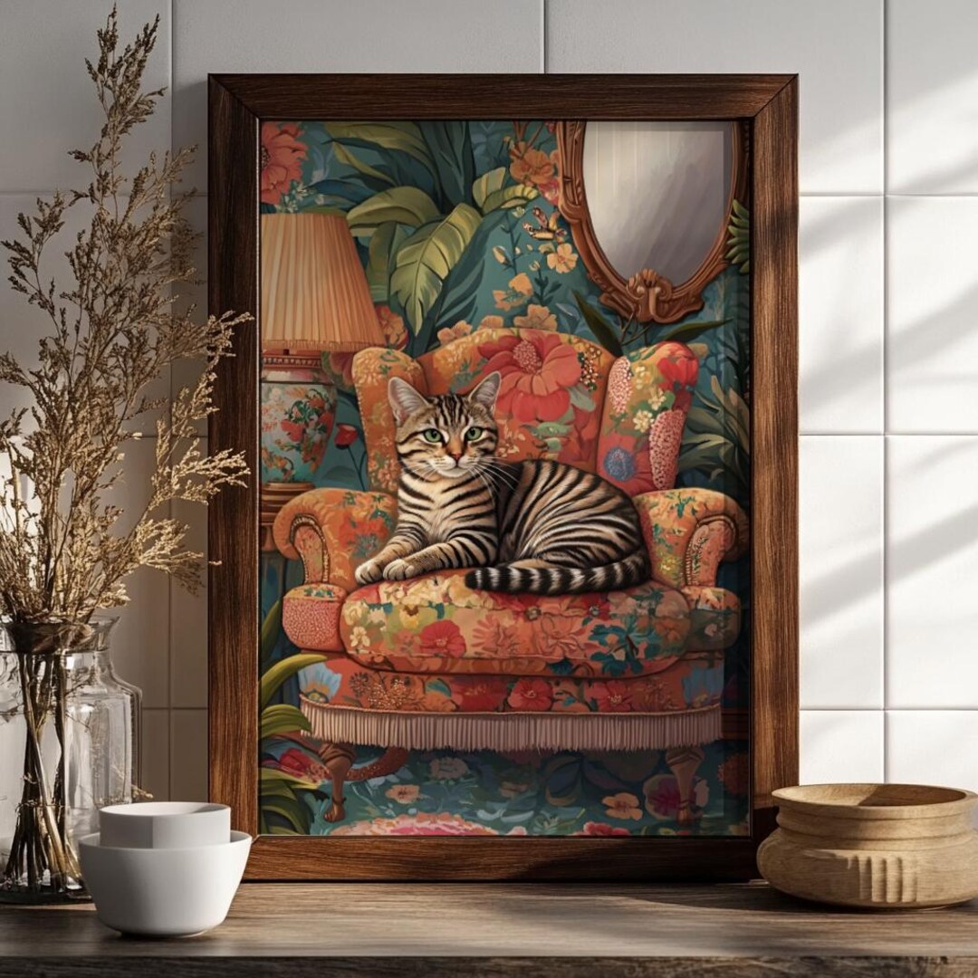 Retro Tabby Cat Print, Vintage Cat Pink Wall Art, Maximalist Cat Poster ...