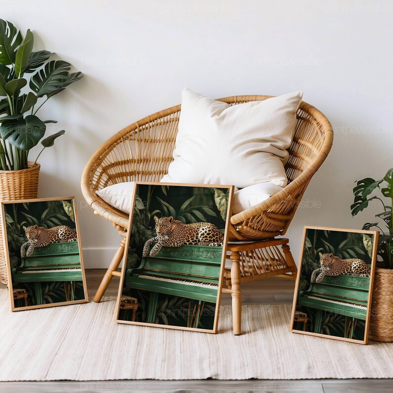 Leopard on Piano Wall Art Green Animal Print Maximalist Poster Elegant ...
