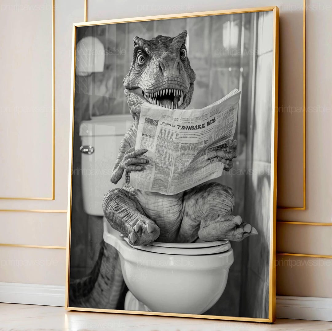 Funny TREX Popping on Toilet Wall Art, Black and White Dinosaur Toilet ...