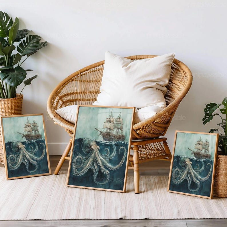 Vintage Ship Poster, Octopus and Ship Ocean Art, Giant Octopus Wall ...