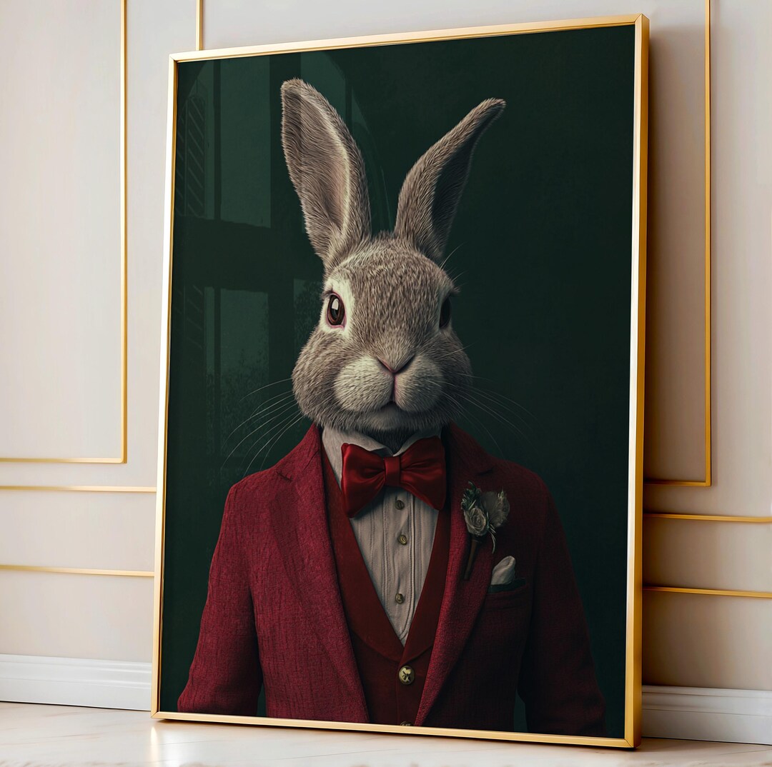Large Rabbit Wall Art, Animals Wall Decor, Rabbit in Red Print, Elegant ...