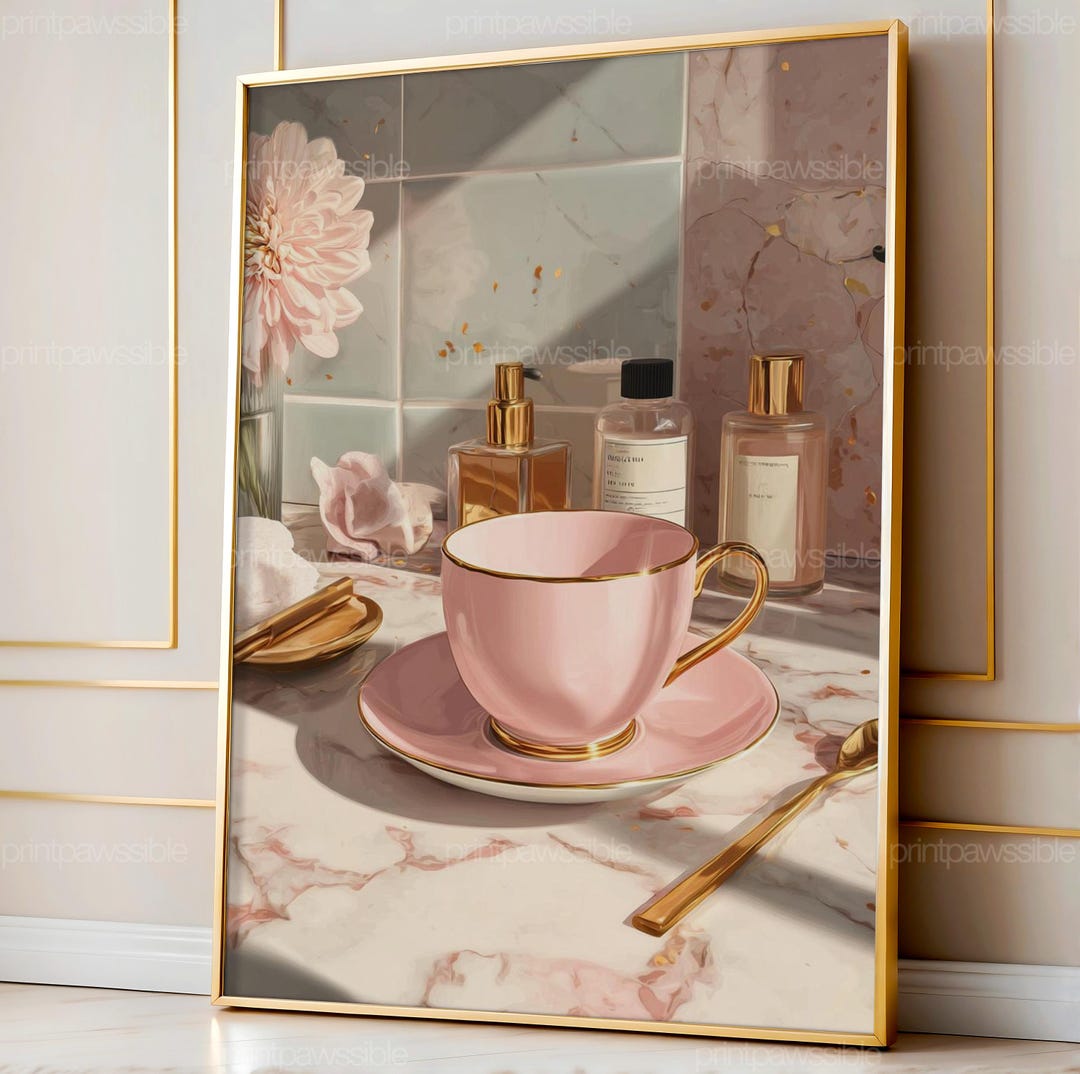 Pink Teacup Vanity Illustration | Feminine Self Care Wall Art | Blush ...