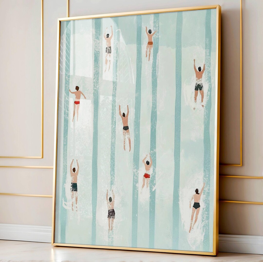Tiny Swimmers in Pool Print, Cute Summer Poster, Vertical Swimming Pool ...