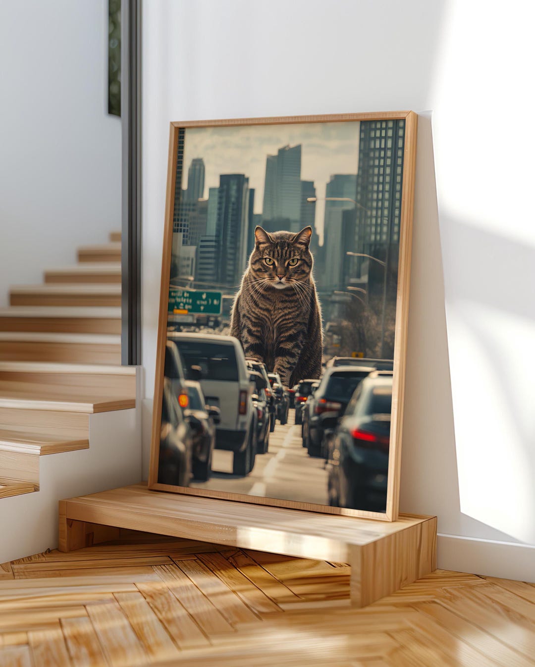 Funny Big Cat Print, Giant Cat Art, Car Art Print, Surreal Wall Art ...