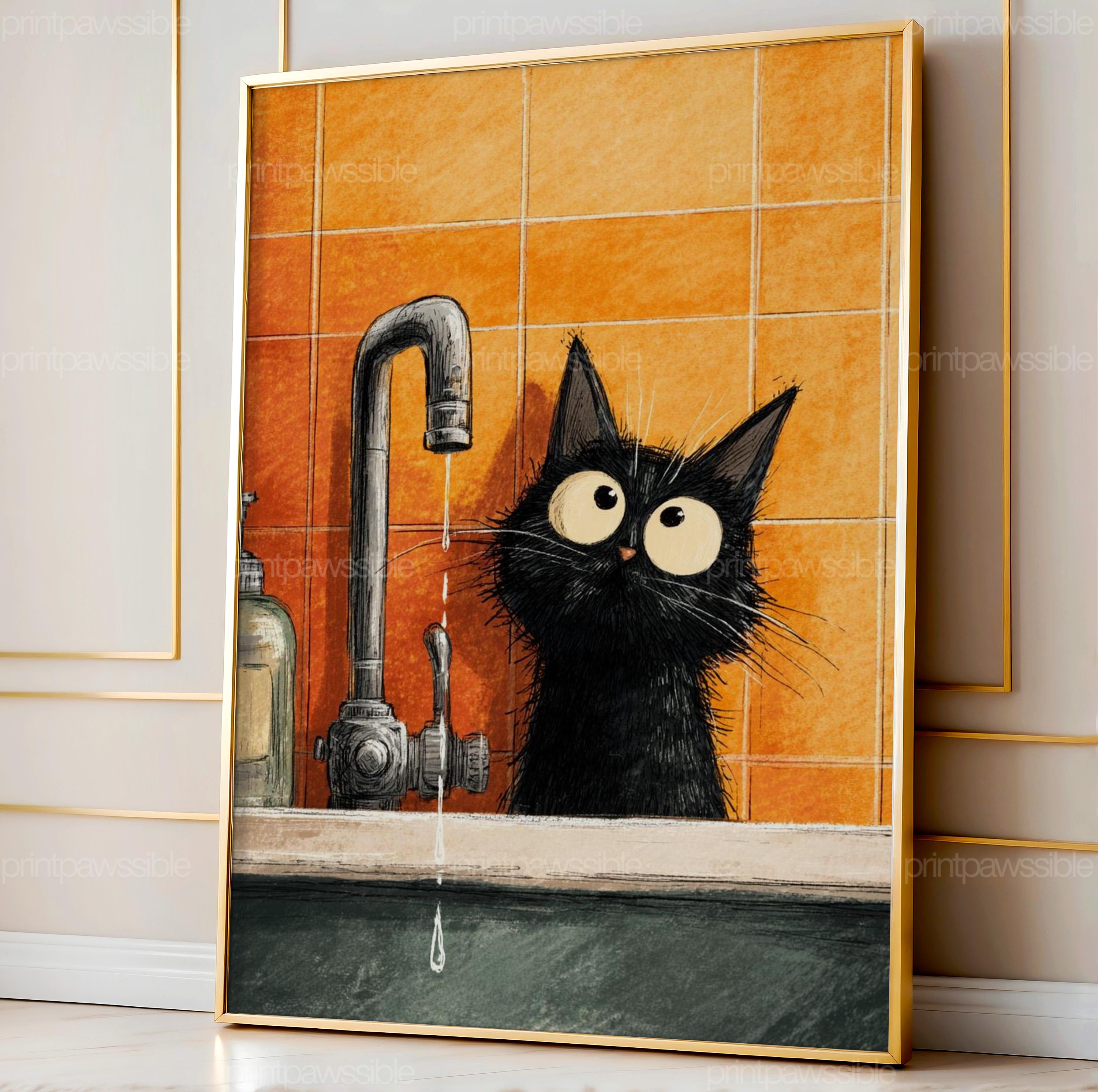 Curious Cat Faucet Art Print, Whimsical Bathroom Illustration, Black ...