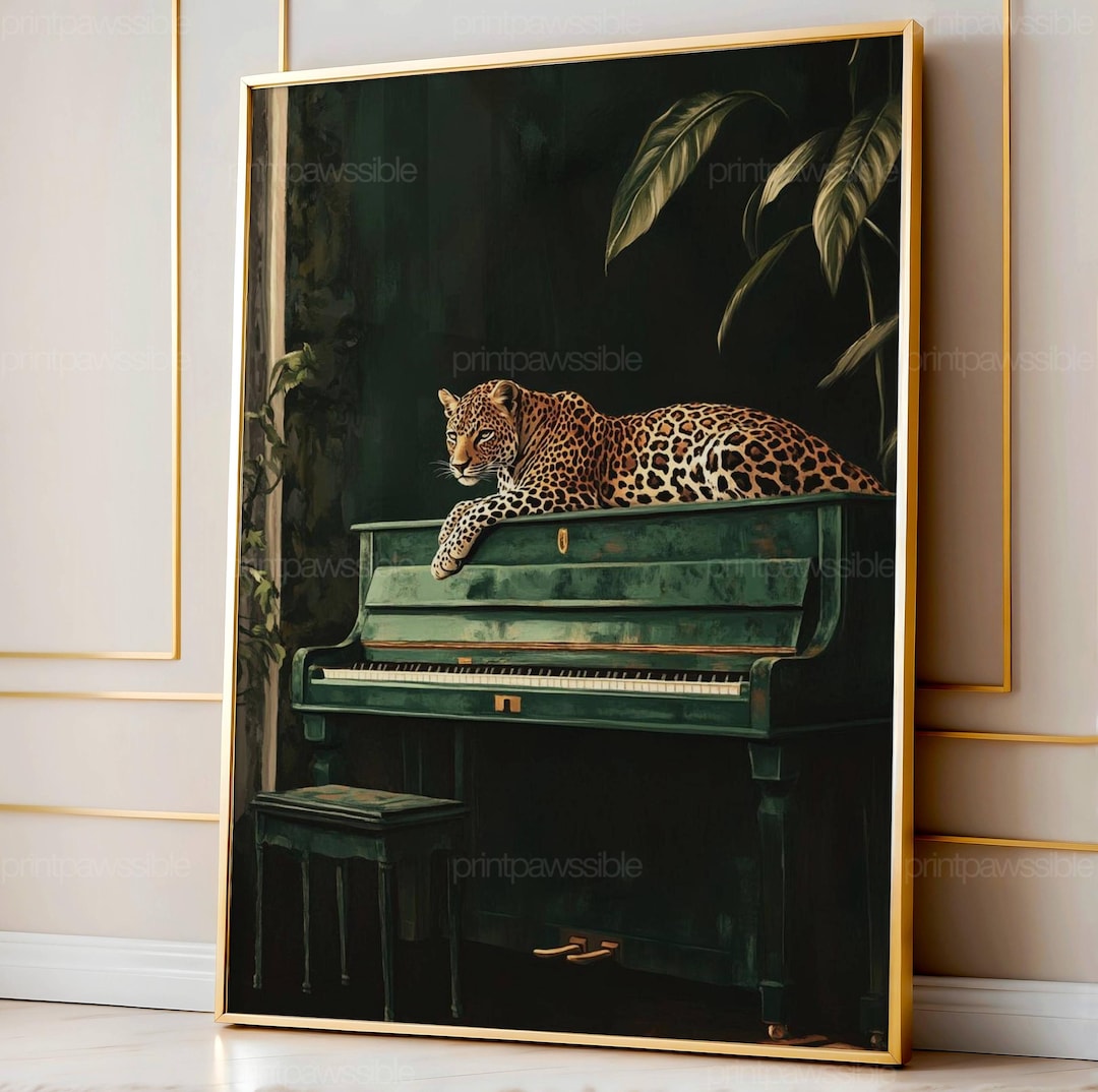 Elegant Leopard Wall Art on Green Piano Jungle Animal Print Maximalist ...