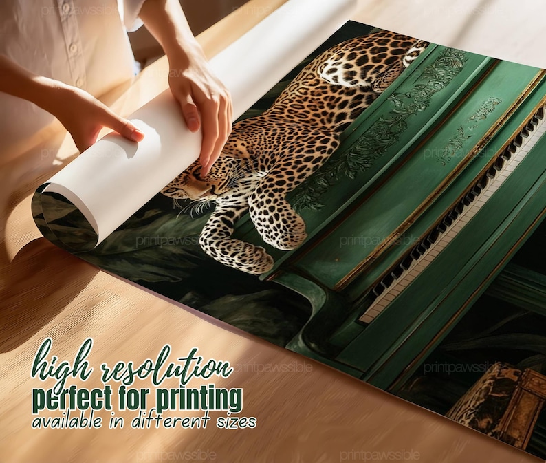 Leopard on Piano Wall Art Green Animal Print Maximalist Poster Elegant ...