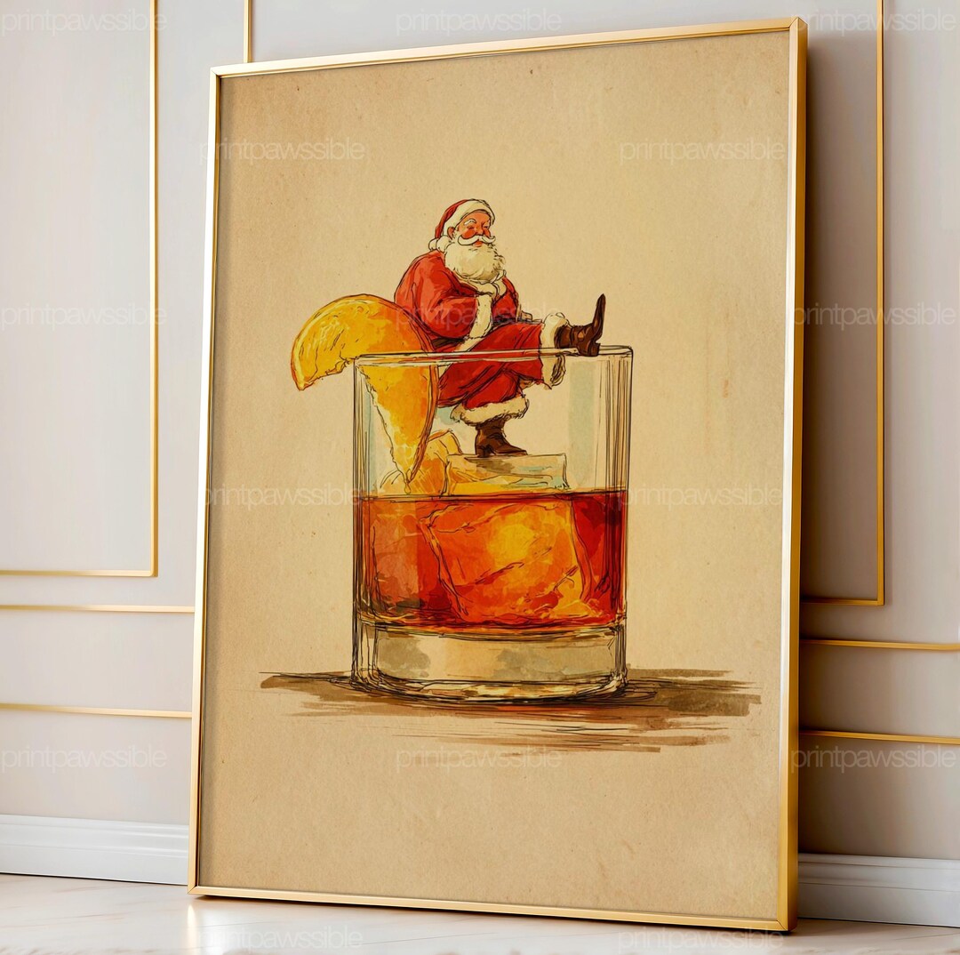 Santa Old Fashioned Whiskey Art, Vintage Christmas Bar Wall Decor ...