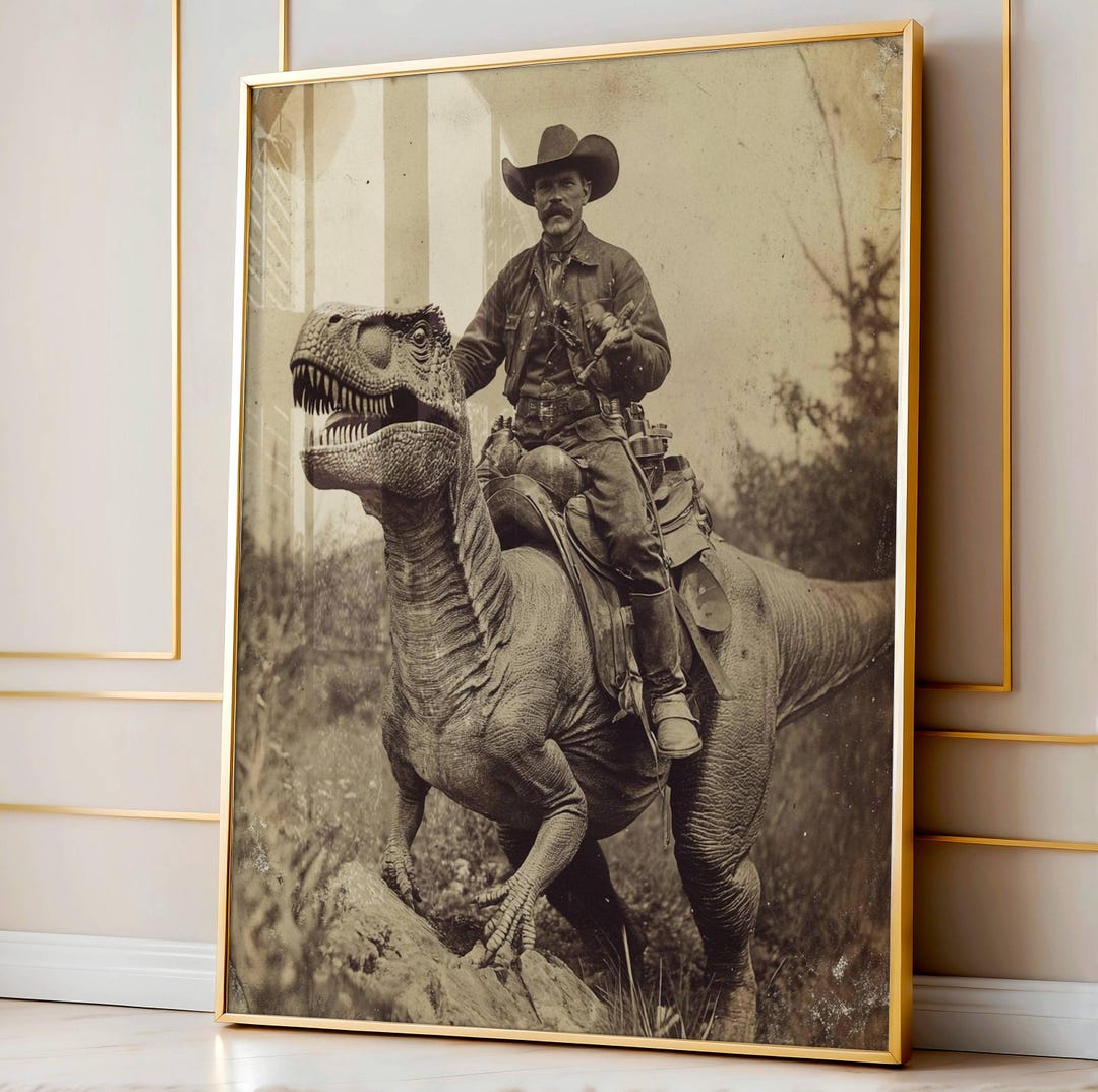 Cowboy Riding Dinosaur Vintage Photograph Art, Western Jurassic ...