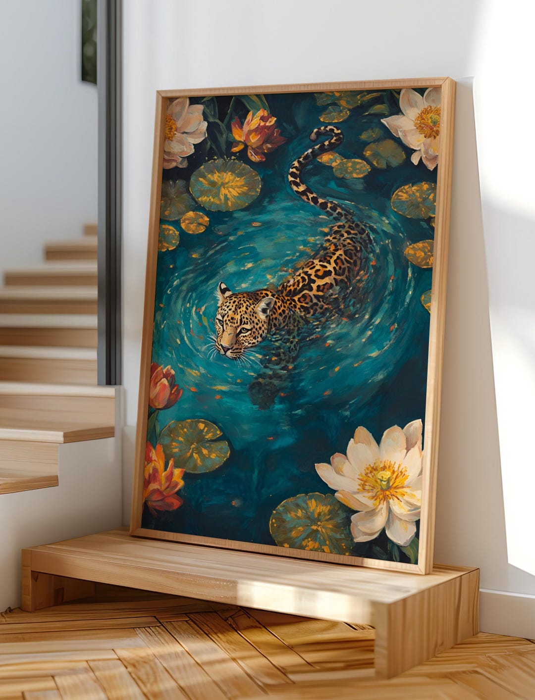 Swimming Leopard Painting Bathroom Decor, Wall Decor, Jaguar Poster ...