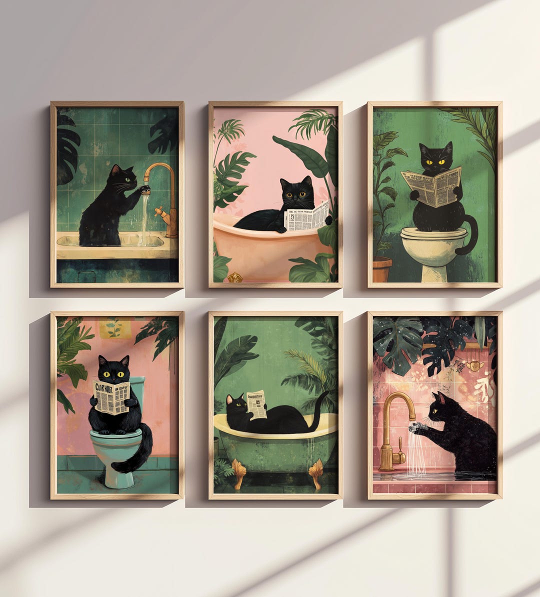 Bathroom Cat Print, Set of 6 Funny Posters, Cat Funny Bathroom Wall ...