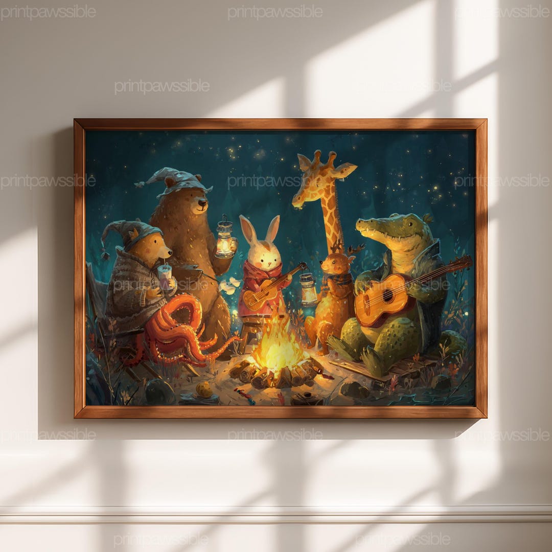 Animal Campfire Night Print, Cozy Nursery Wall Art, Whimsical Animal ...