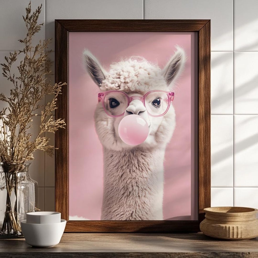 Pink Llama Wall Art Print,funny Animal Wall Art, Llama Bubble Gum ...