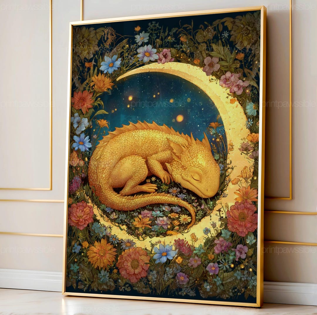 Cozy Sleeping Dragon Art Print, Dreamy Moonlit Night Poster, Whimsical ...