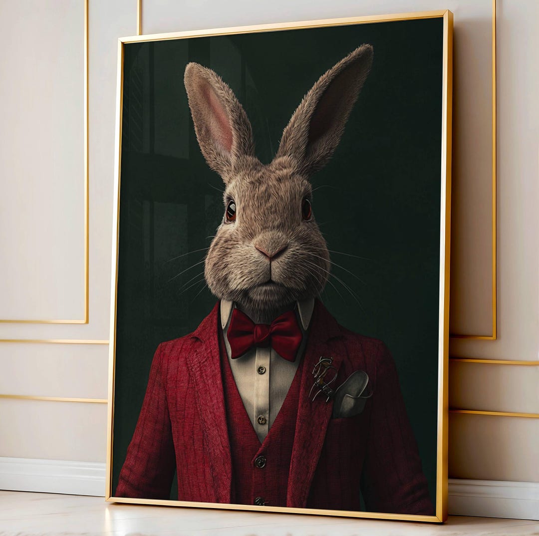 Rabbit Wall Art, Large Animals Wall Decor, Rabbit in Red Print, Elegant ...