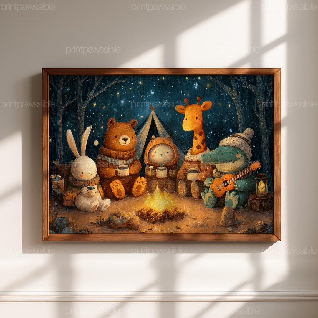 Animal Campfire Night Print, Cozy Nursery Wall Art, Whimsical Animal ...
