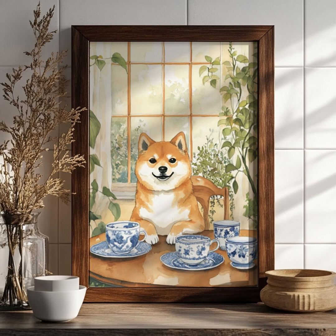 Shiba Inu and Tea Party Print, Retro Shiba Inu Wall Art Poster, Dining ...
