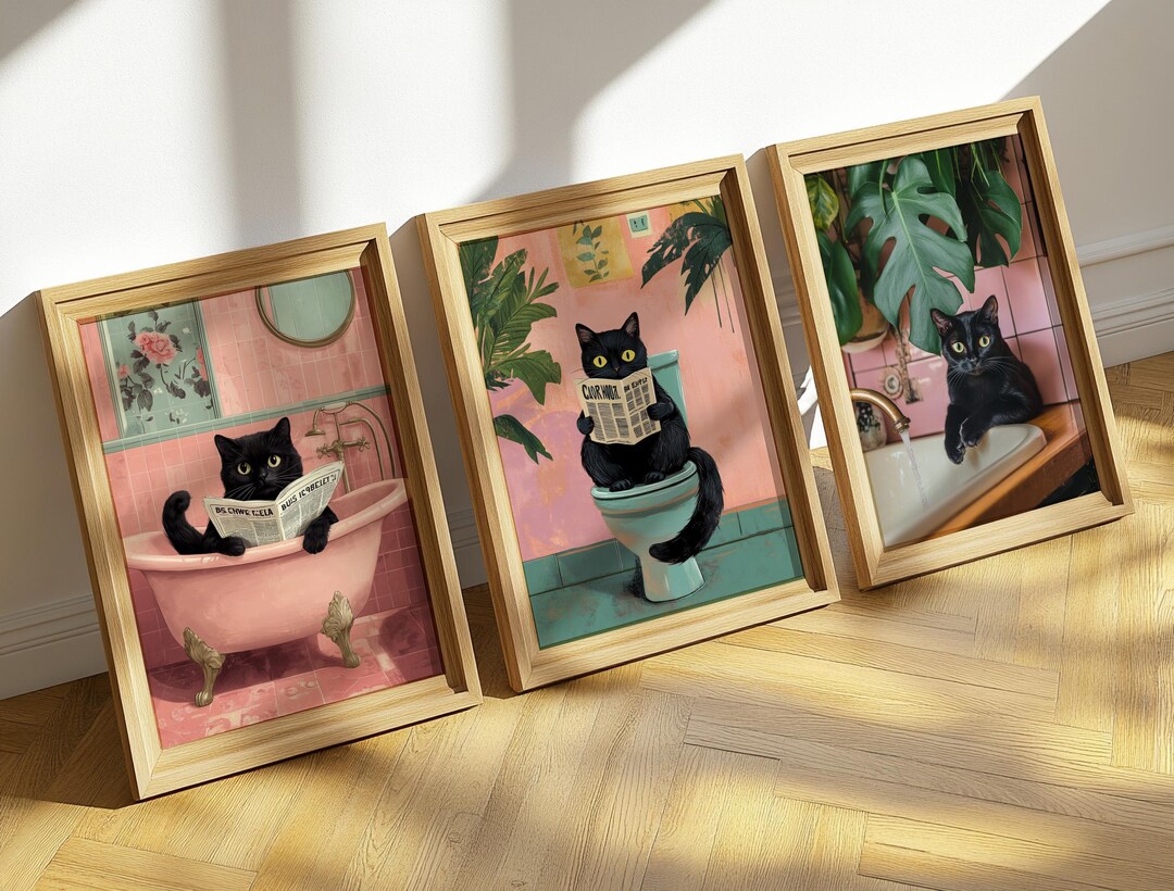 Funny Cat Bathroom Print Set, Pink Wall Art, Hilarious Cat Poster ...