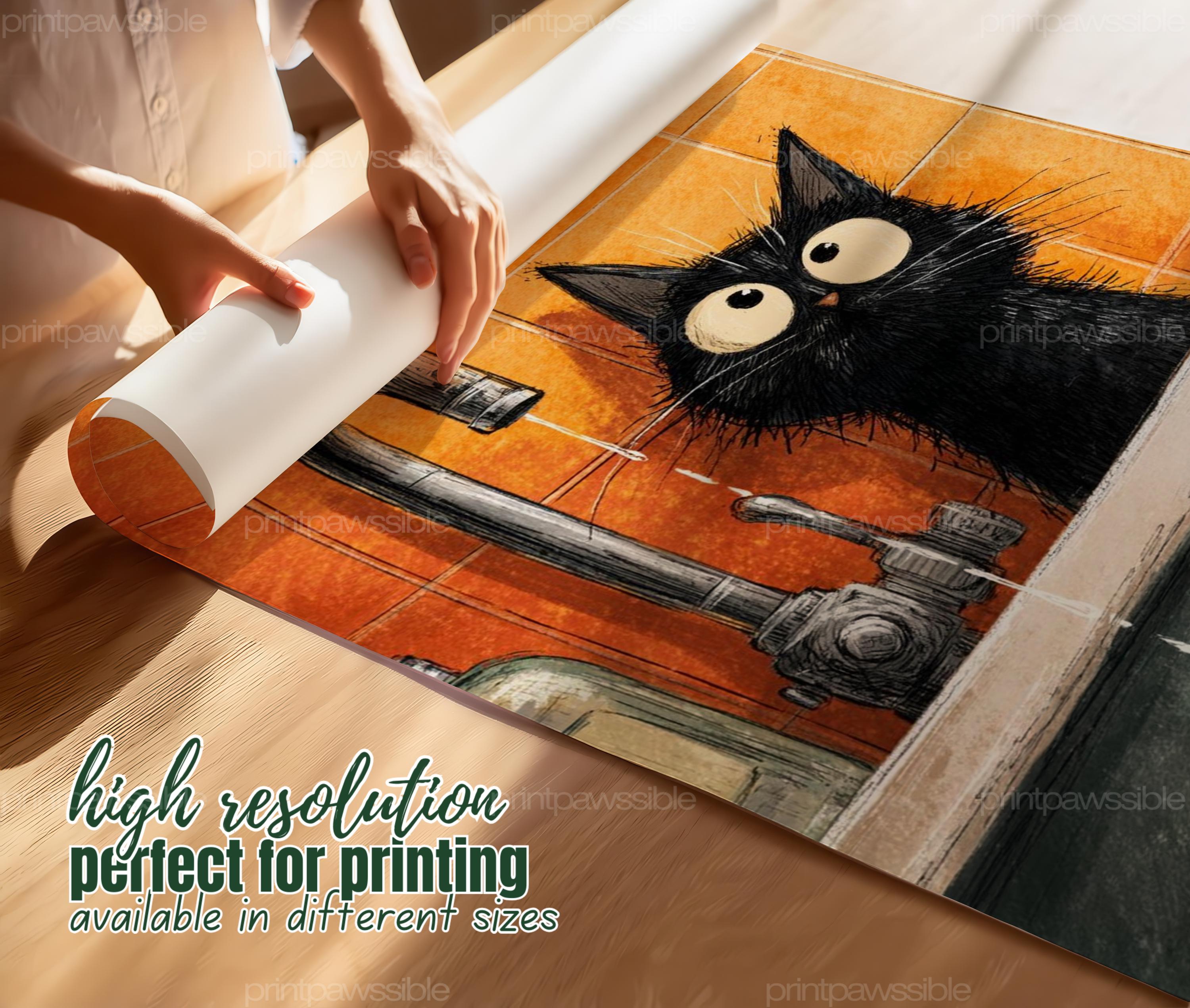 Curious Cat Faucet Art Print, Whimsical Bathroom Illustration, Black ...