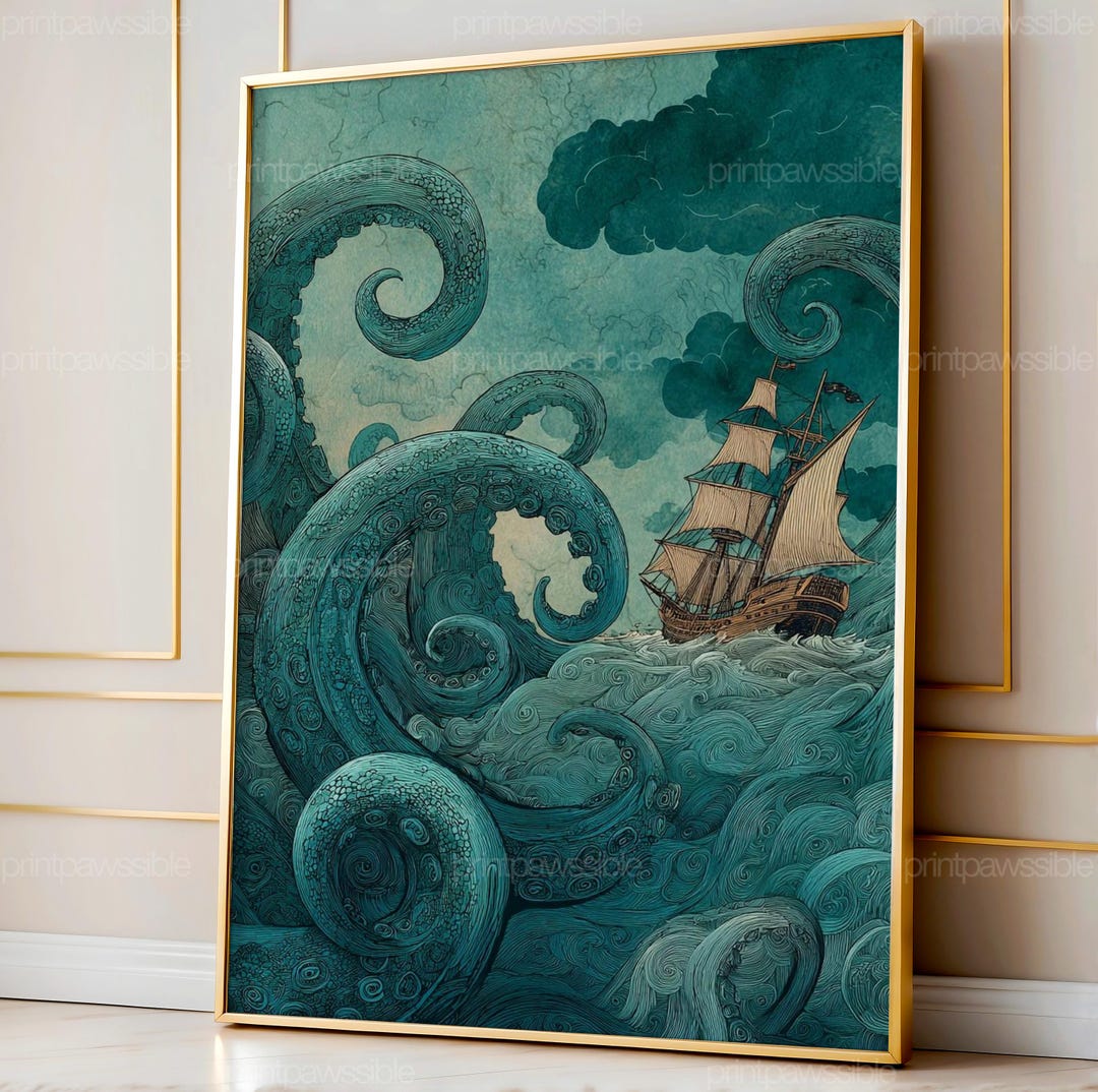 Mythical Octopus Ocean Art, Giant Sea Creature Illustration, Nautical ...