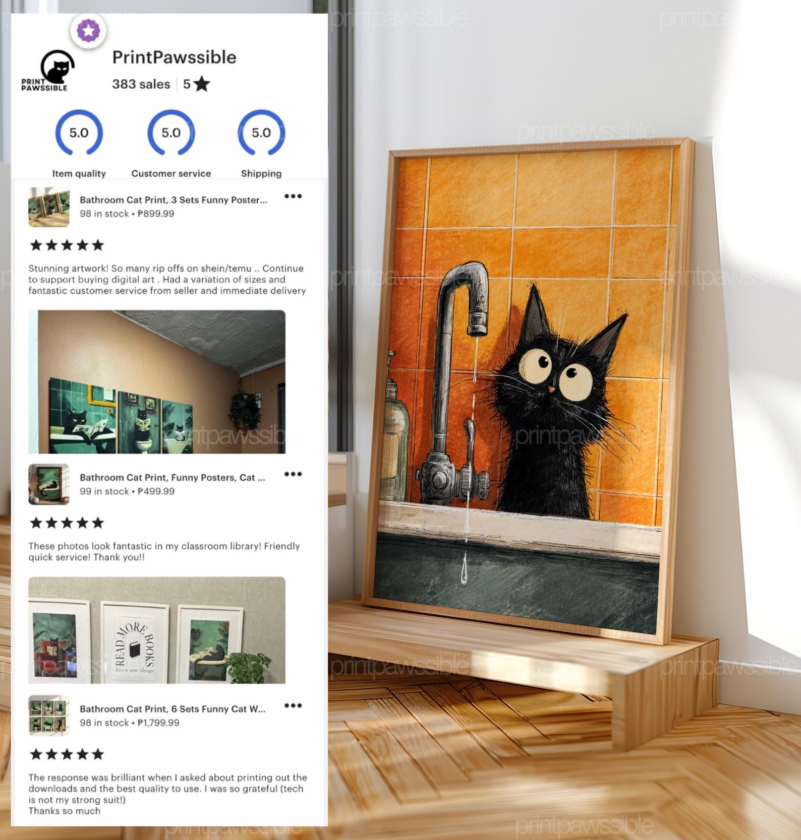 Curious Cat Faucet Art Print, Whimsical Bathroom Illustration, Black ...