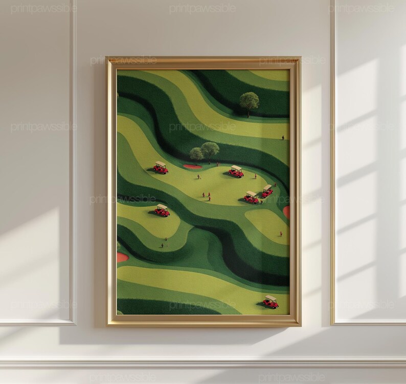 Putting Green Wall Art, Tiny Golfers Abstract Print, Red Cart Golf ...
