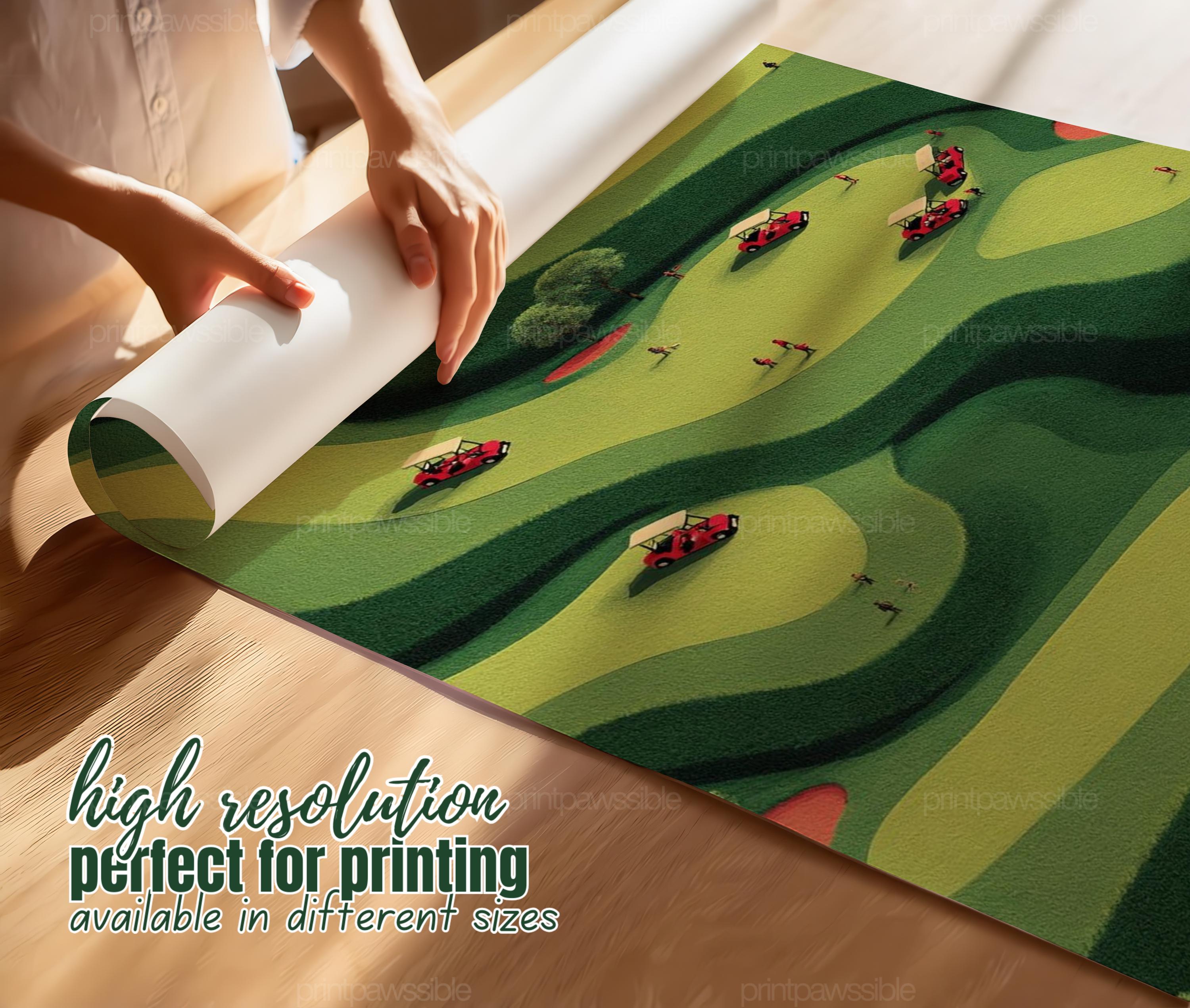 Putting Green Wall Art, Tiny Golfers Abstract Print, Red Cart Golf ...