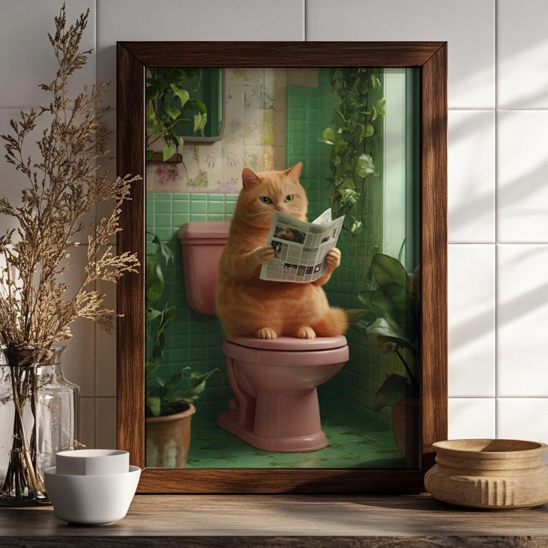 Funny Bathroom Art, Ginger Cat Print, Bathroom Wall Art Decor, Orange ...