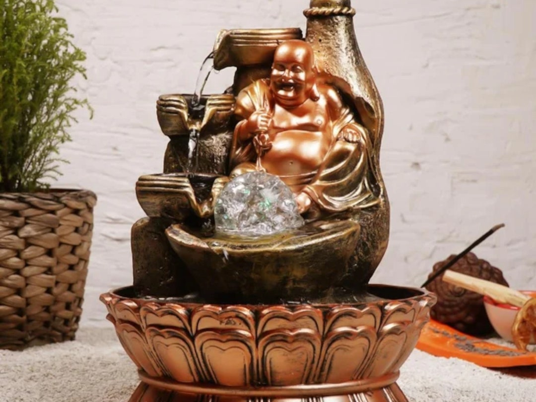 Zen Smiling Buddha Copper Waterfall Fountain - Tranquil Home Decor - Etsy