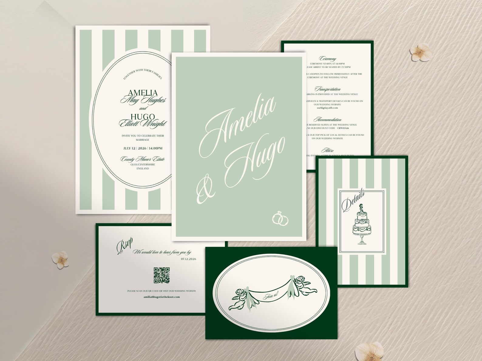Sage Green Stripe Wedding Invitation Suite, Elegant Whimsical ...